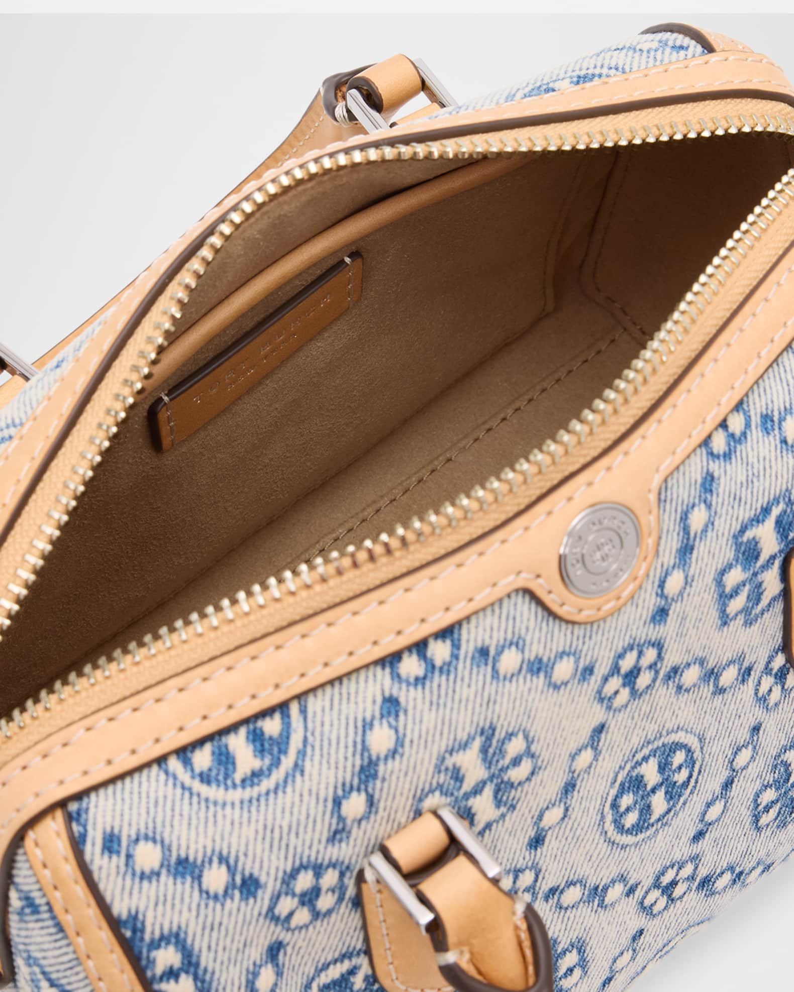Tory Burch T Monogram Denim Petite Barrel Bag | Neiman Marcus