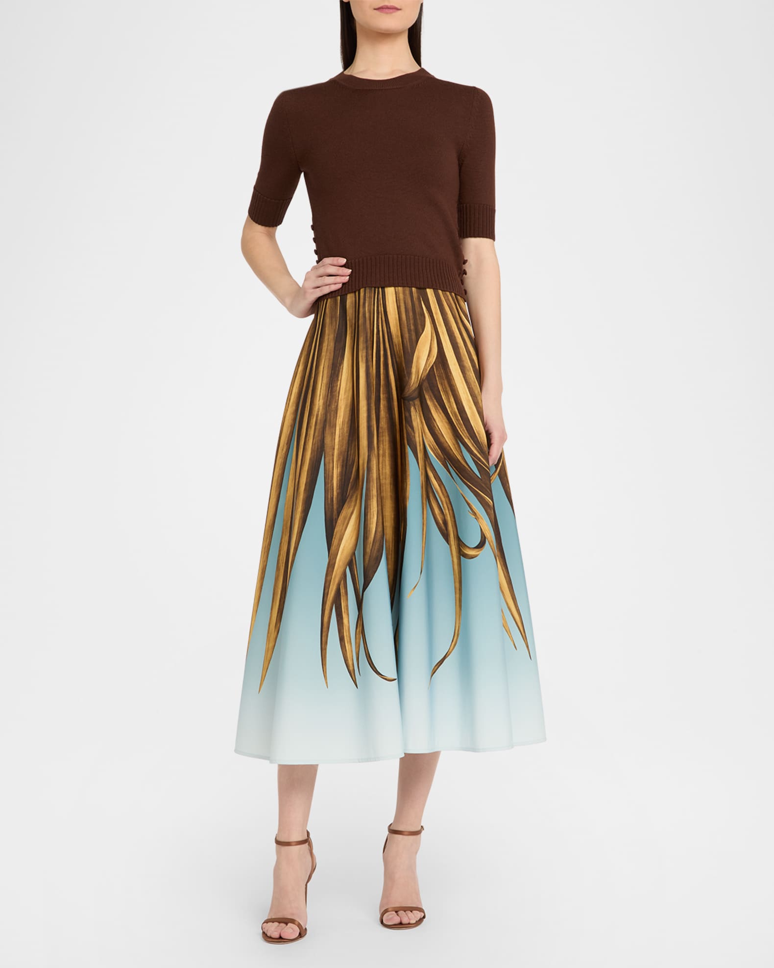 Oscar de la Renta Palm Print A-Line Midi Skirt | Neiman Marcus