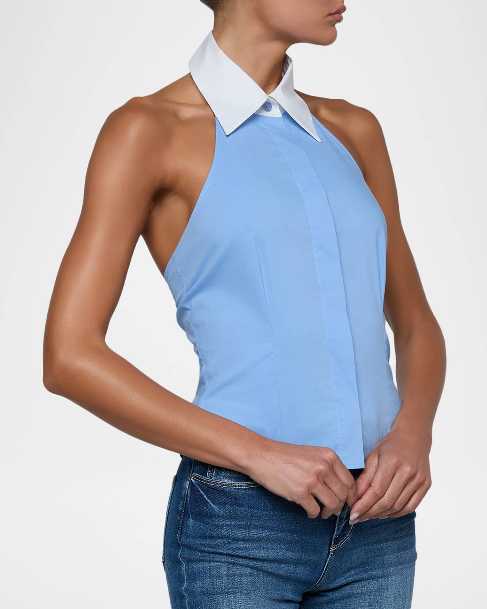 L'Agence Rina Cotton Poplin Collared Halter Top | Neiman Marcus