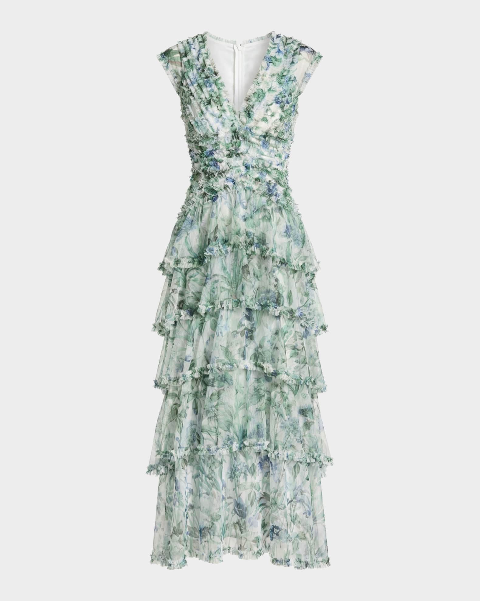 Mac Duggal Floral Mesh Ruffled V-Neck Maxi Dress | Neiman Marcus