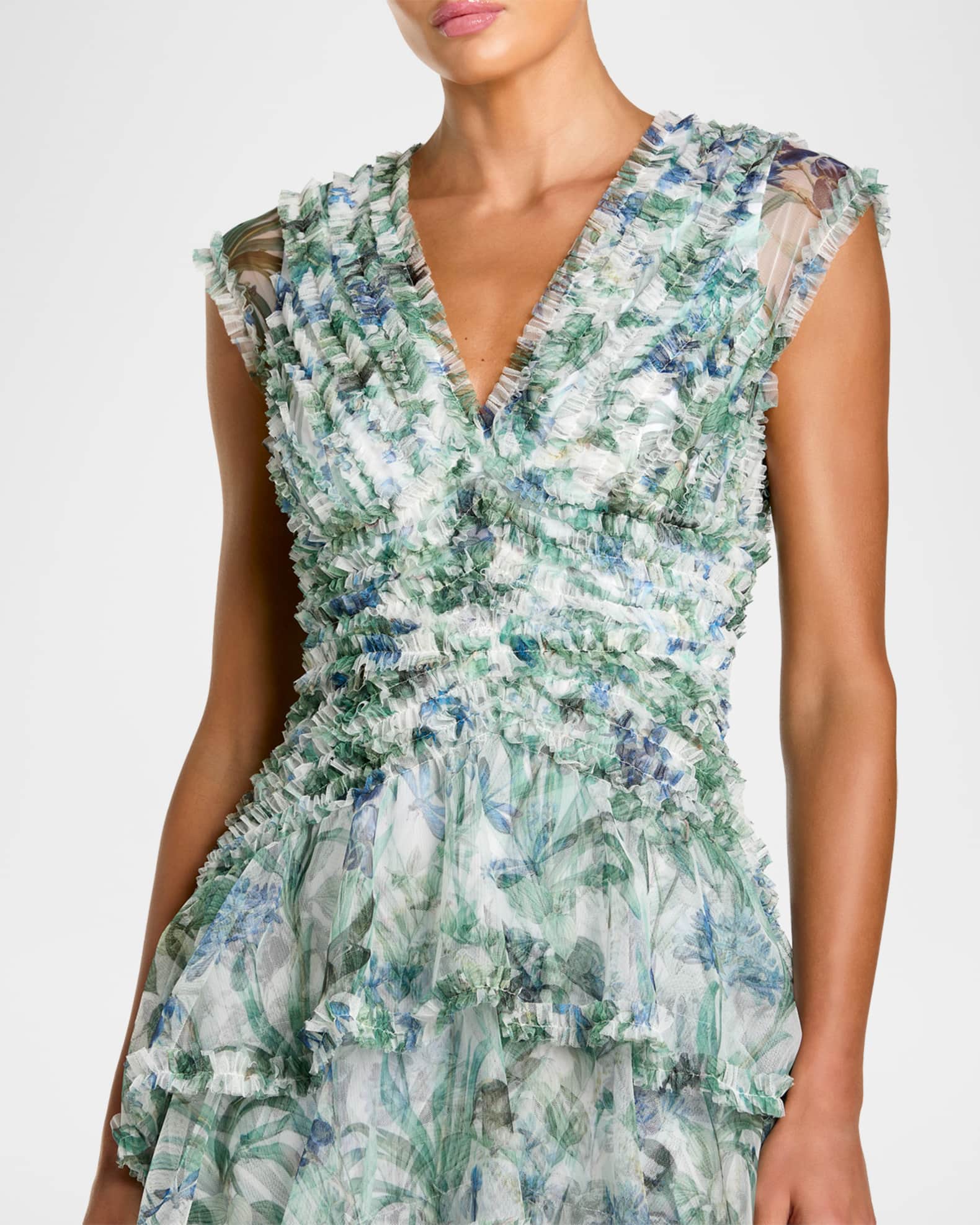 Mac Duggal Floral Mesh Ruffled V-Neck Maxi Dress | Neiman Marcus