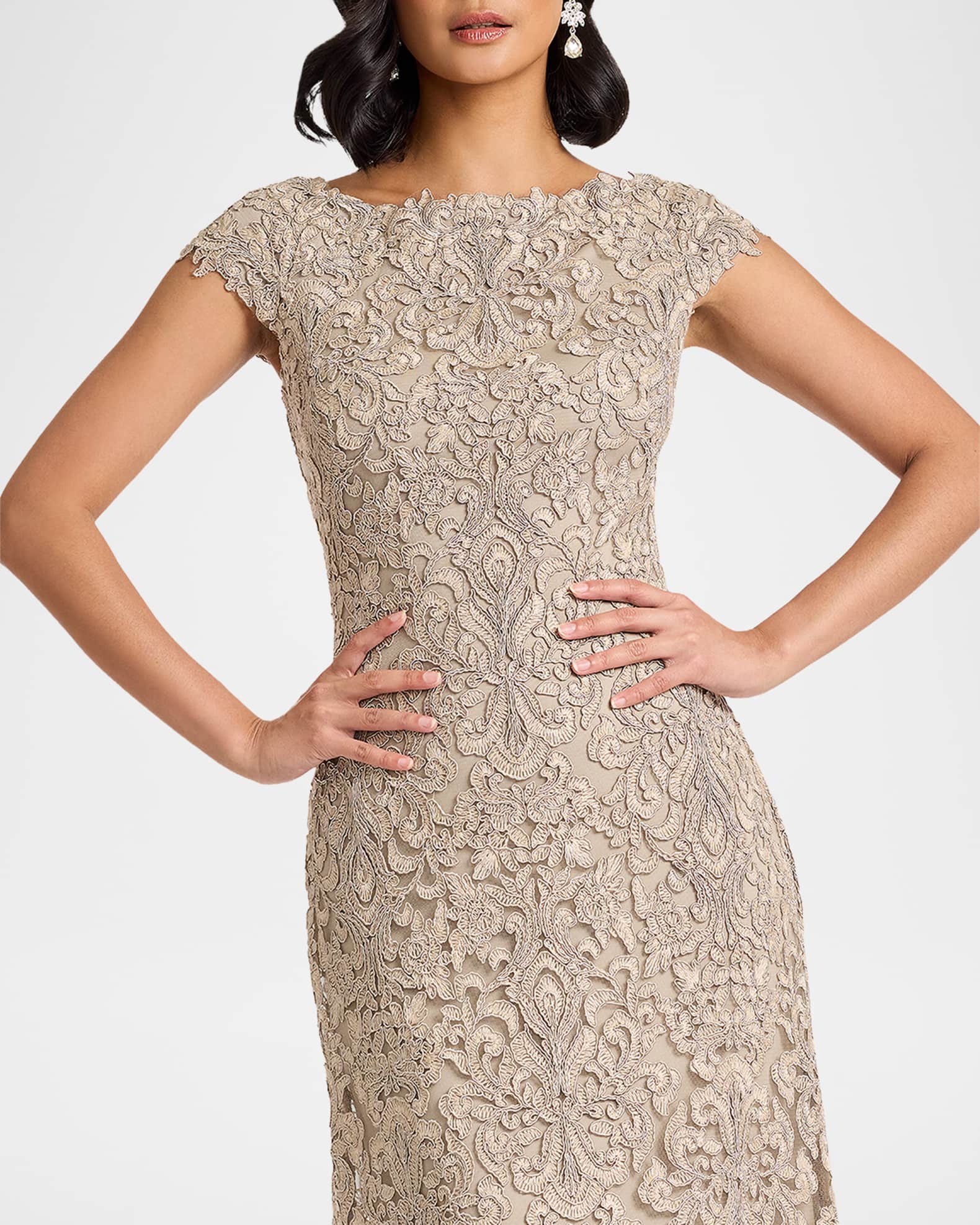 Tadashi Shoji Hoyt Embroidered Cap-Sleeve Gown | Neiman Marcus