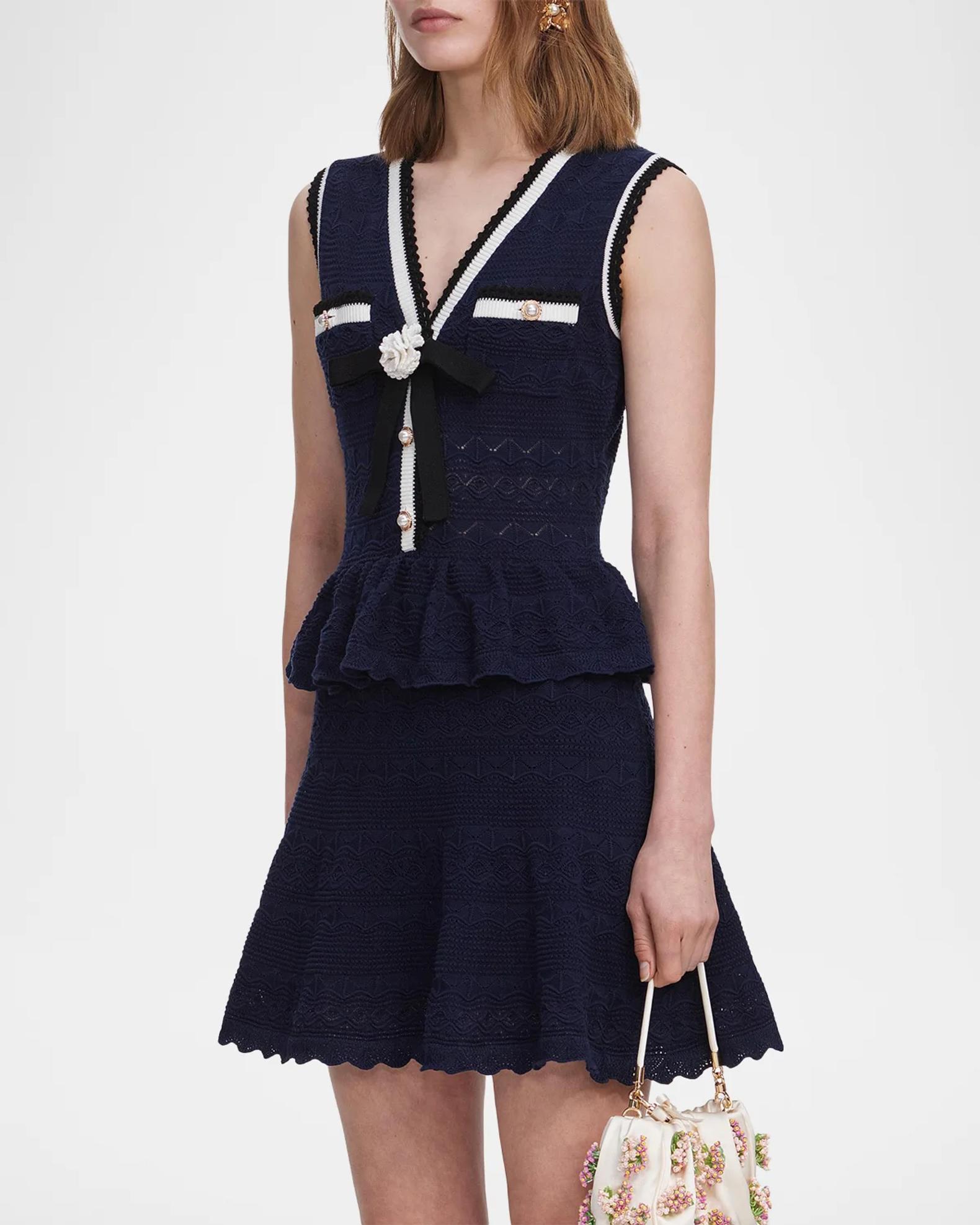 Self-Portrait Pointelle Knit Peplum Mini Dress | Neiman Marcus